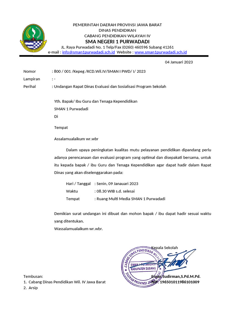 Surat Undangan Rapat Dinas Program Wakasek | PDF