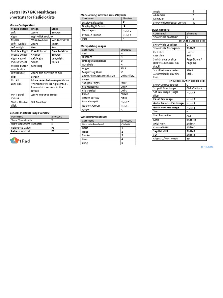 BJC Quick Guide Shortcuts Image Window - Radiologists | PDF