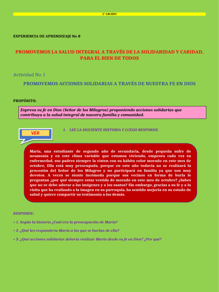 EXPERIENCIA DE APRENDIZAJE N°8, Actividad N° 1, GRADO 2° | PDF