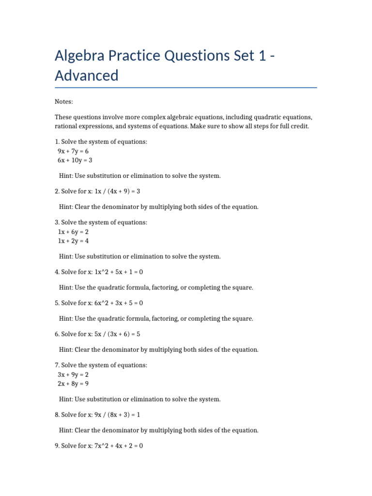 Advanced Algebra Practice Questions | PDF