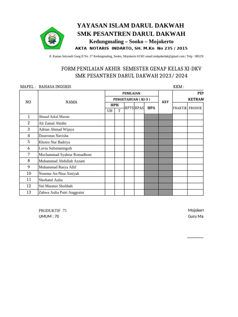Nilai Pas Genap 2023-2024 SMK Dardak | PDF