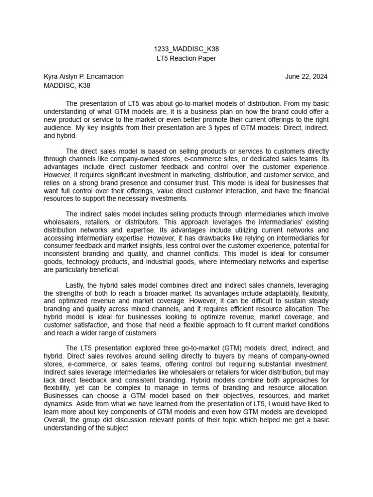 MADDISC K38 - ENCARNACION - LT5 Reaction Paper | PDF