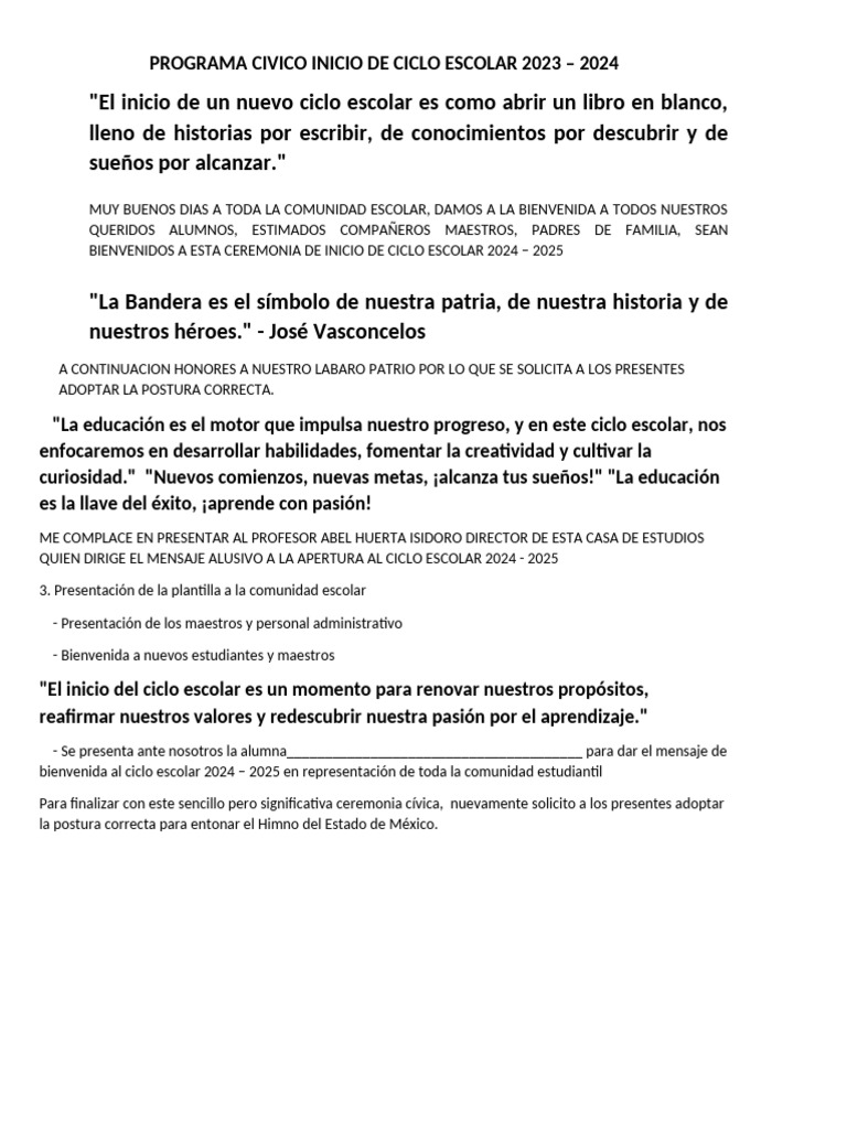 PROGRAMA CIVICO INICIO DE CICLO ESCOLAR 2023 | PDF