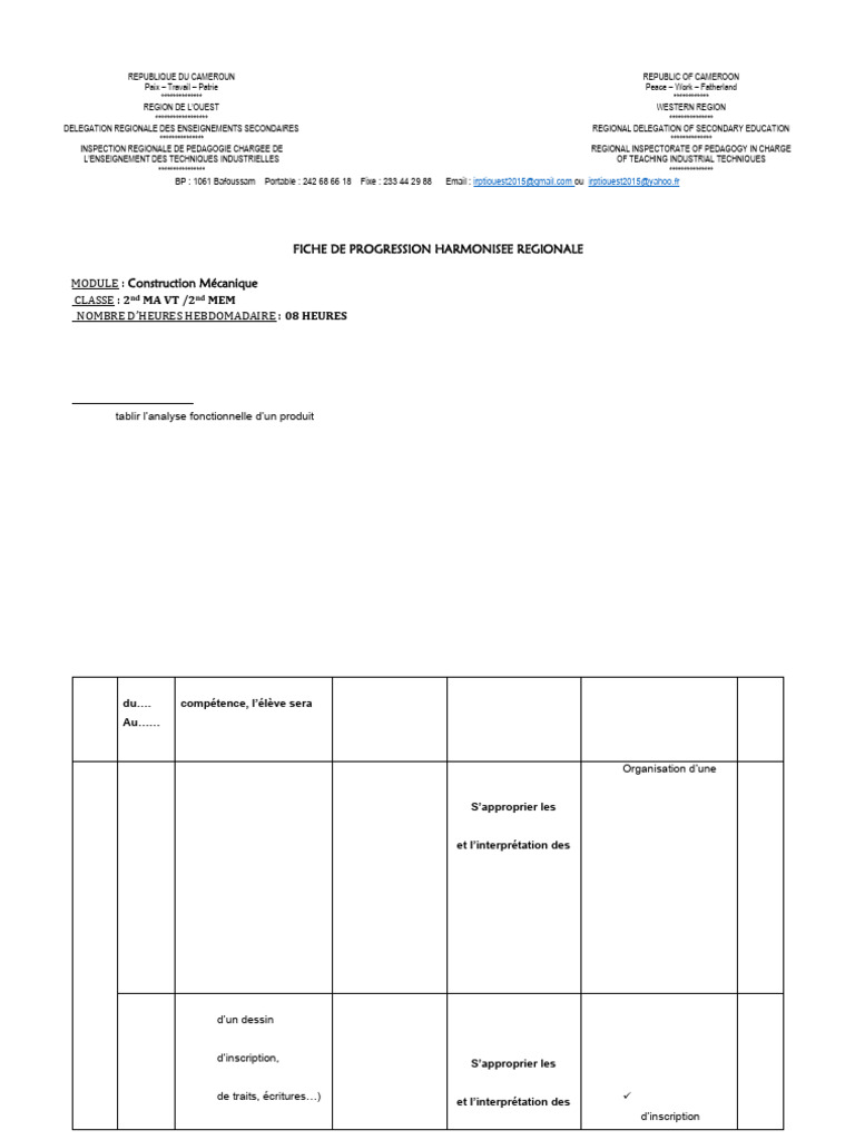 Fiche de Progression Const Meca 2nde Cma-Mvt, Mem | PDF