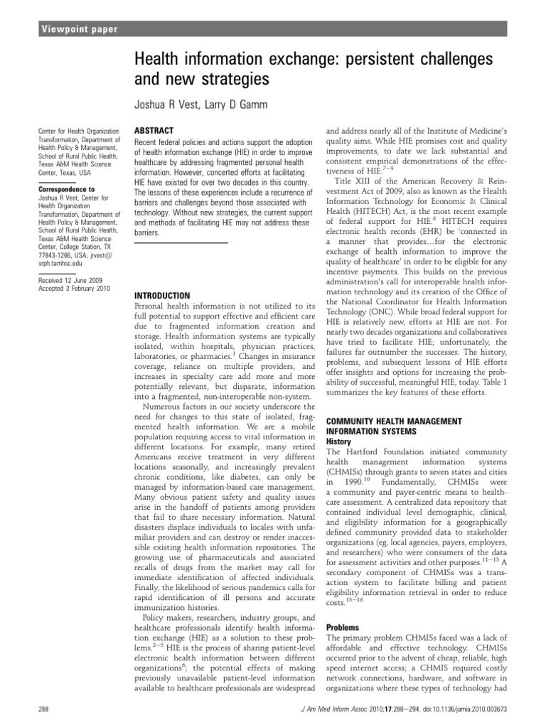 Health Information Exchange - Persistent Challenges and New Strategies ...