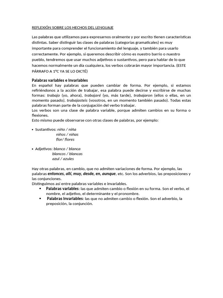 Palabras Variables e Invariables. | PDF