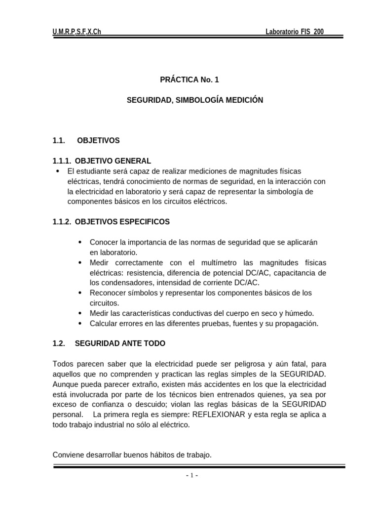 Informe De Laboratorio Nº1 Fisica 200 Seguridad Simbologia Y Medicion Pdf