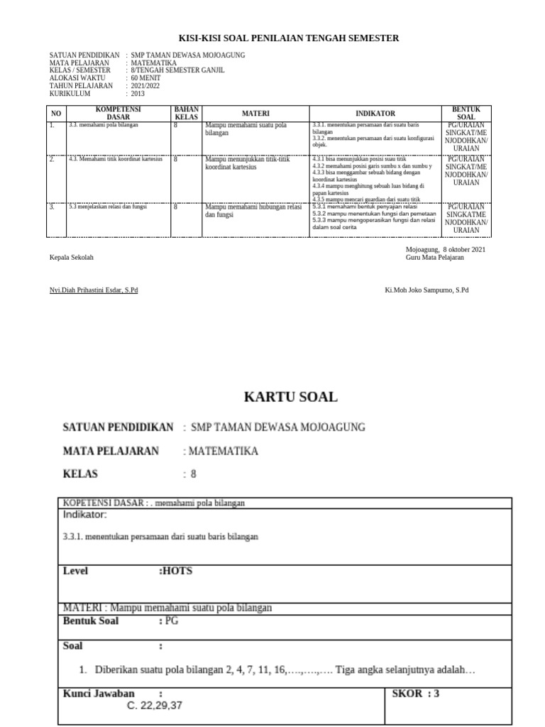 KISI KISI Dan Kartu Soal MTK 8 PAS 2021 | PDF