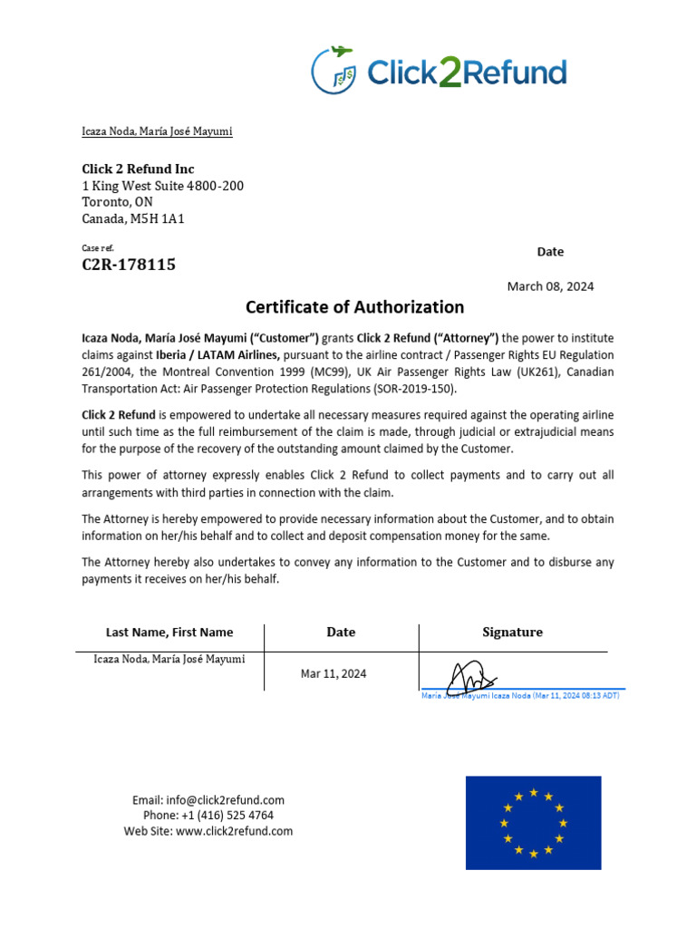 Certificate of Authorization María Icaza Airhelp | PDF