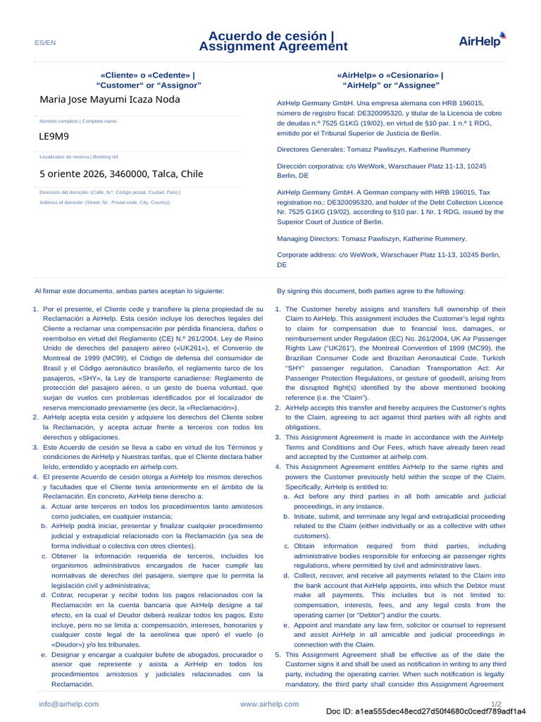 AirHelp Assignment Agreement en Español | PDF