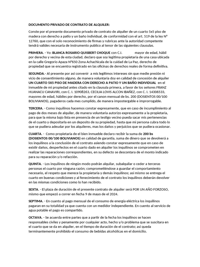 Documento Privado de Contrato de Alquiler | PDF