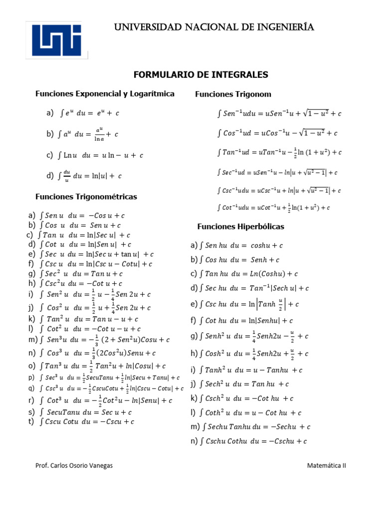Formulario de Integrales | PDF | Integral | Conceptos matemáticos