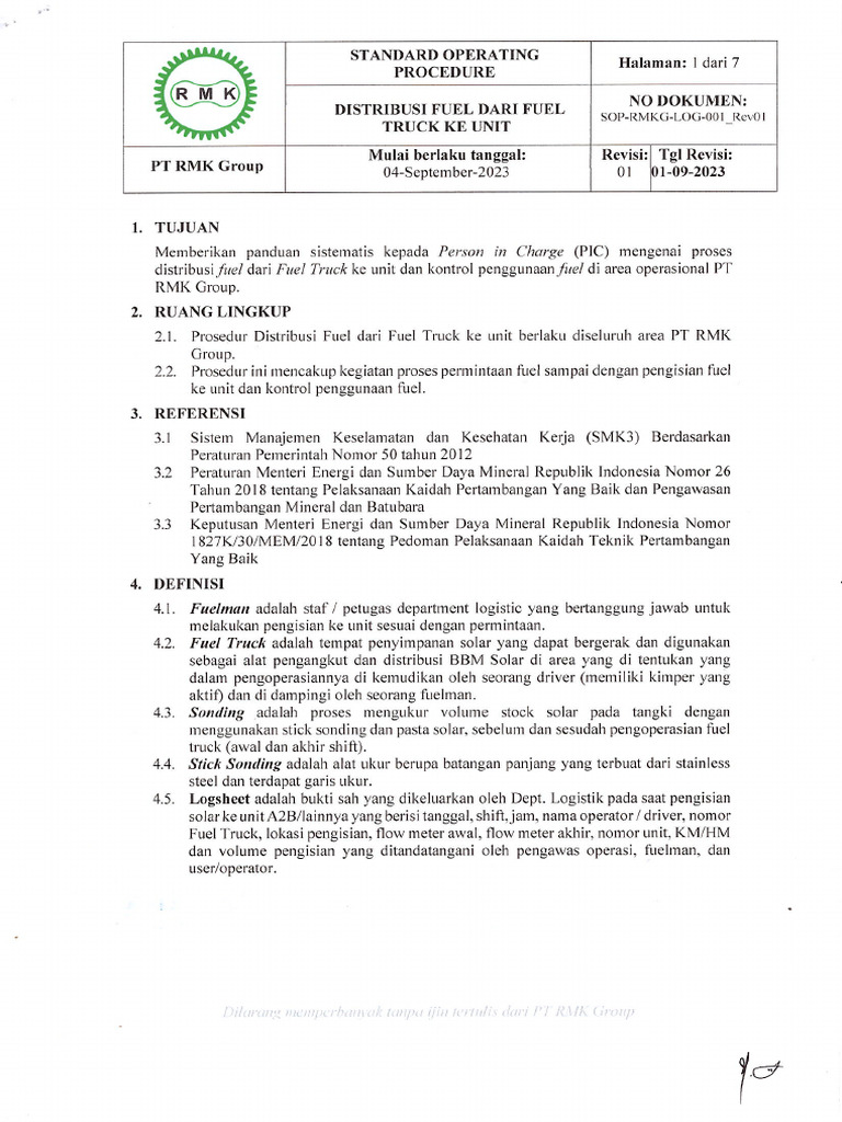 Sop Distribusi Fuel Dari Fuel Truck Ke Unit Revisi 01 | PDF