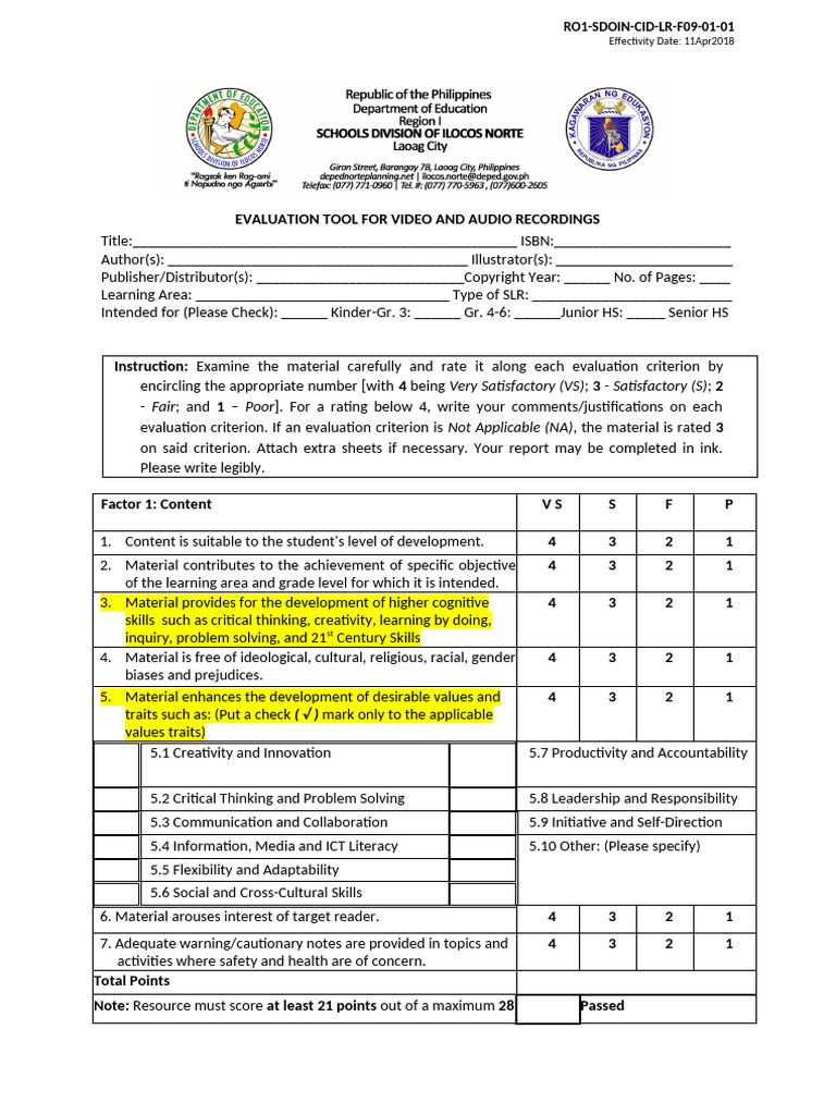 LR F09 Evaluation Tool For Video and Audio Recordings | PDF | Critical Thinking | Bias