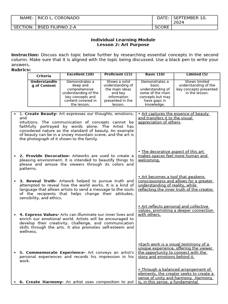Lesson 2 Activity | PDF | Composition (Visual Arts) | Liberal Arts Education