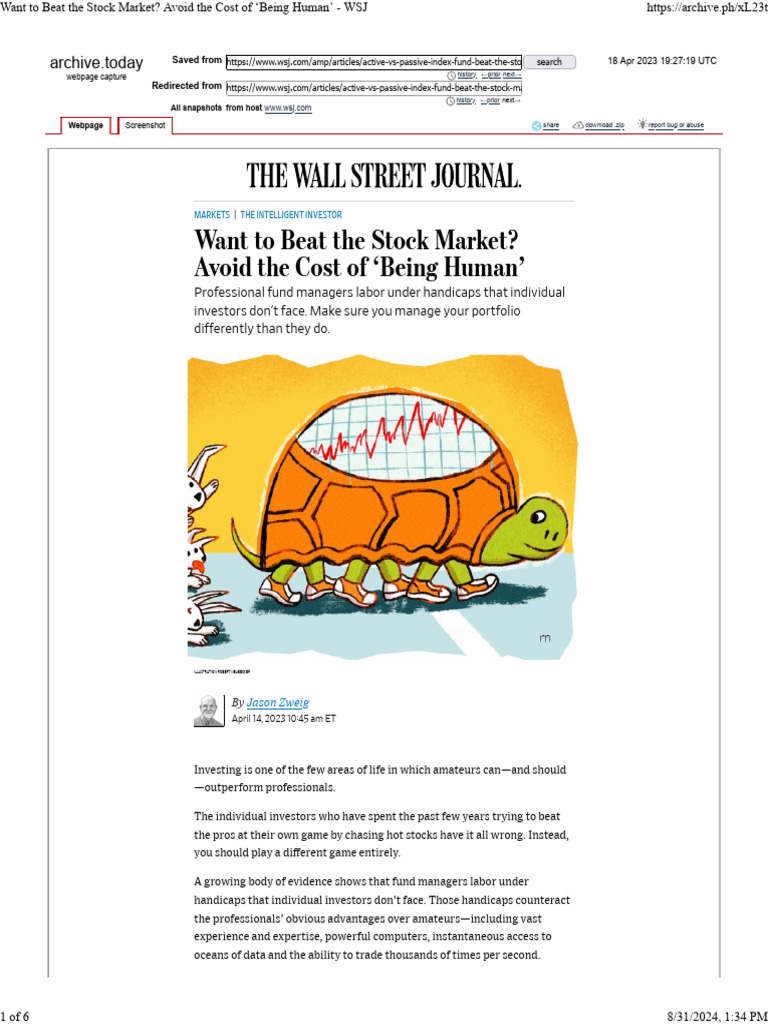 Want To Beat The Stock Market - Avoid The Cost of Being Human' - WSJ | PDF