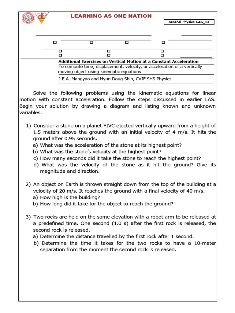 Gen Physics 1 LAS 14 Additional Exercises On Vertical Motion at A ...