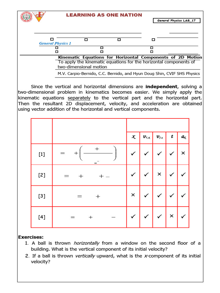 Gen Physics 1 Las 17 Kinematic Equations For Horizontal Components Of
