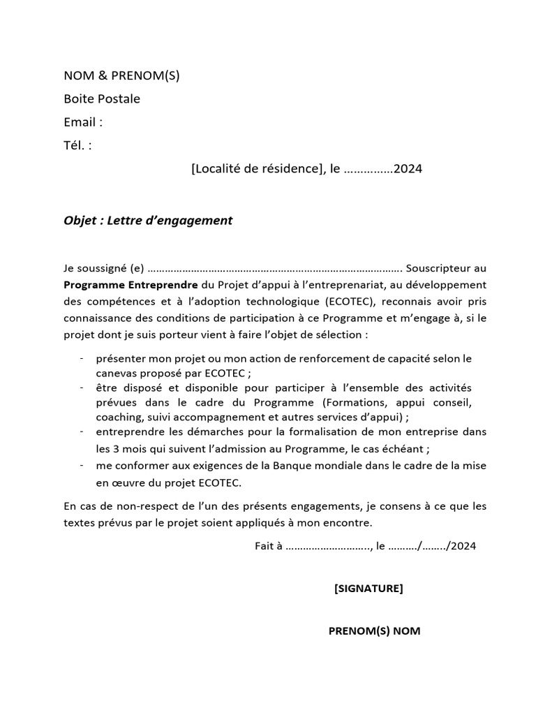 Lettre D'engagement Programme Entreprendre | PDF