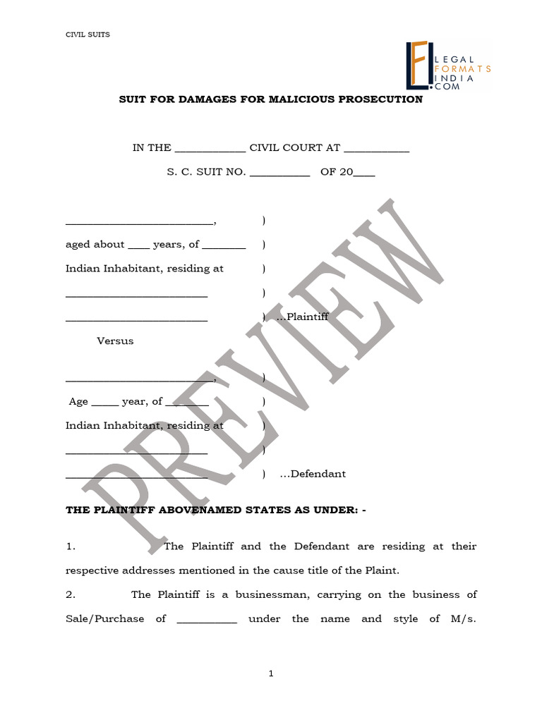 final-SUIT FOR DAMAGES FOR MALICIOUS PROSECUTION-sample | PDF | Lawsuit ...