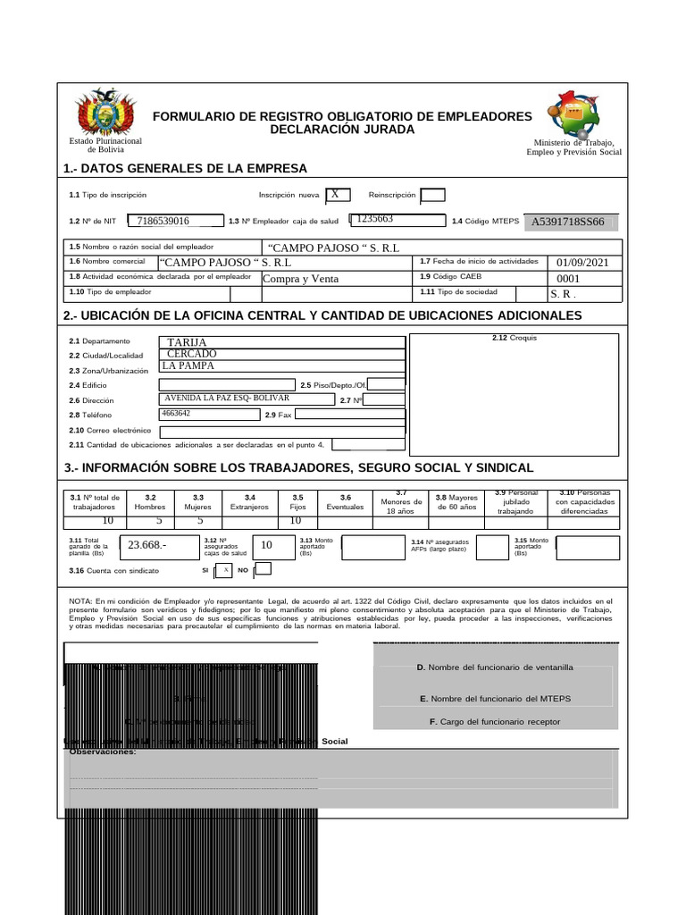 Formulario de Registro Obligatorio de Empleadores Declaración Jurada | PDF
