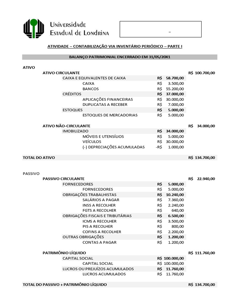 Atividade - Contabiliza - o Invent-Rio Peri-Dico - Parte I | PDF