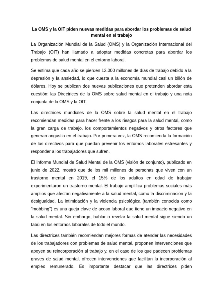 La OMS y La OIT Piden Nuevas Medidas para Abordar Los Problemas de ...