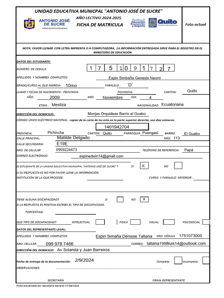 Ficha De Matrícula 2024 2025 Pdf