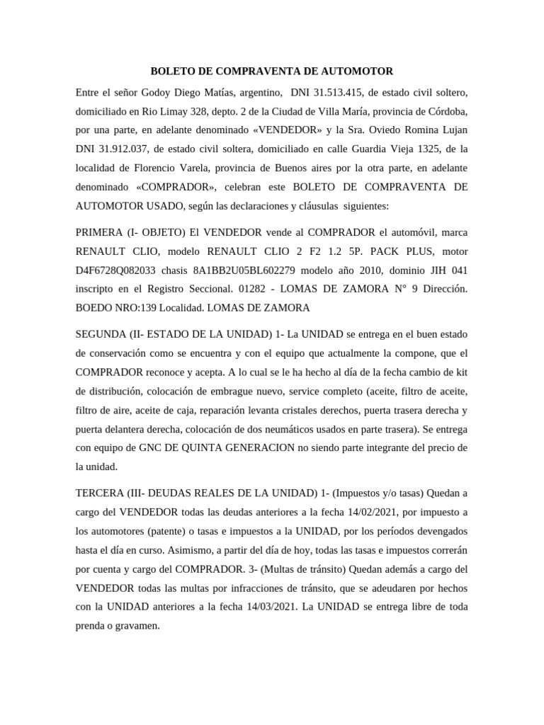 Boleto de Compraventa de Automotor | PDF