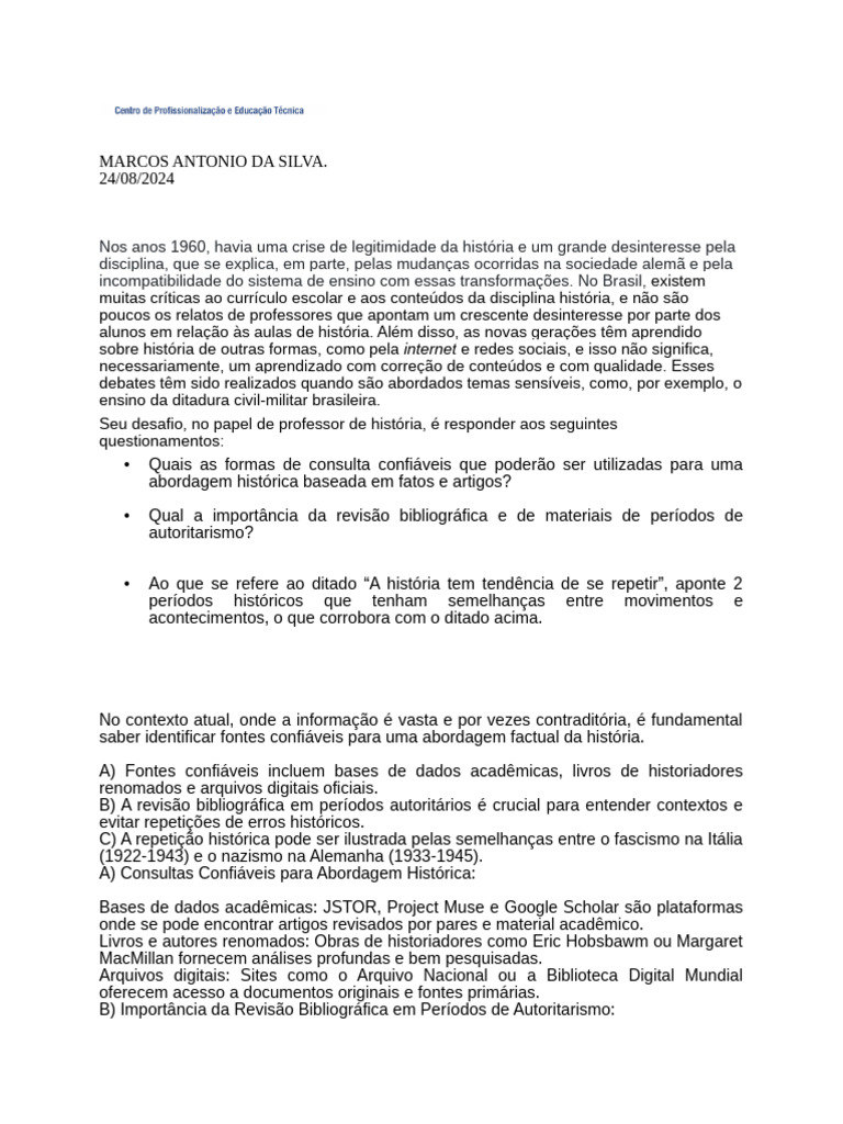 Atividade Prática Final - História e Historiografia 2024 | PDF