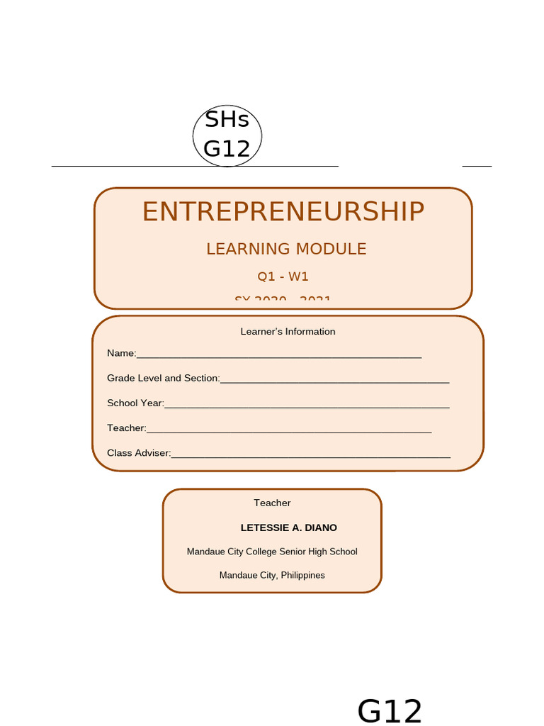 Entrepreneurship Quarter 1 Module 1 Week 1 | PDF