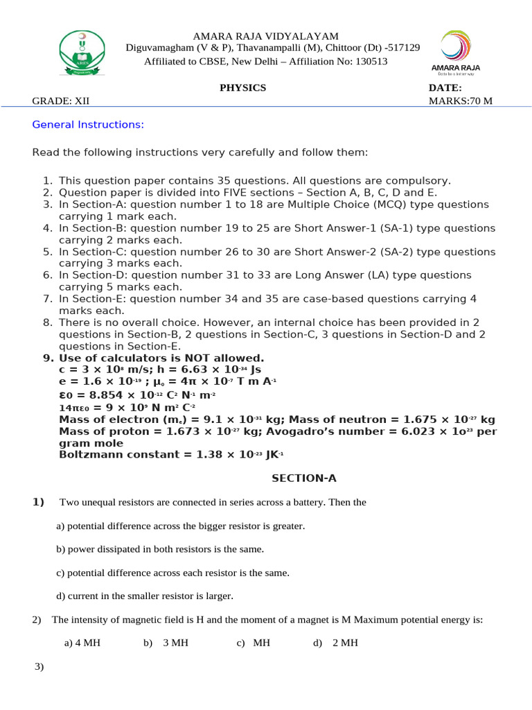 Term-1cla 12 QP Phy | PDF