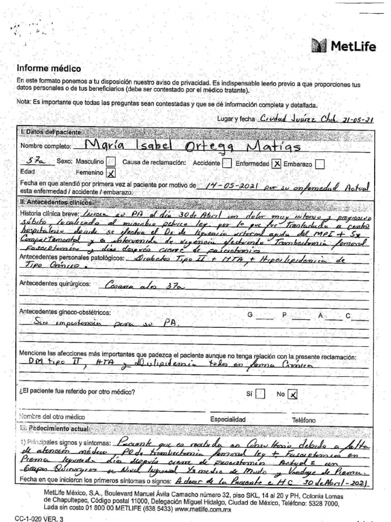 Informe Médico Met Life | PDF