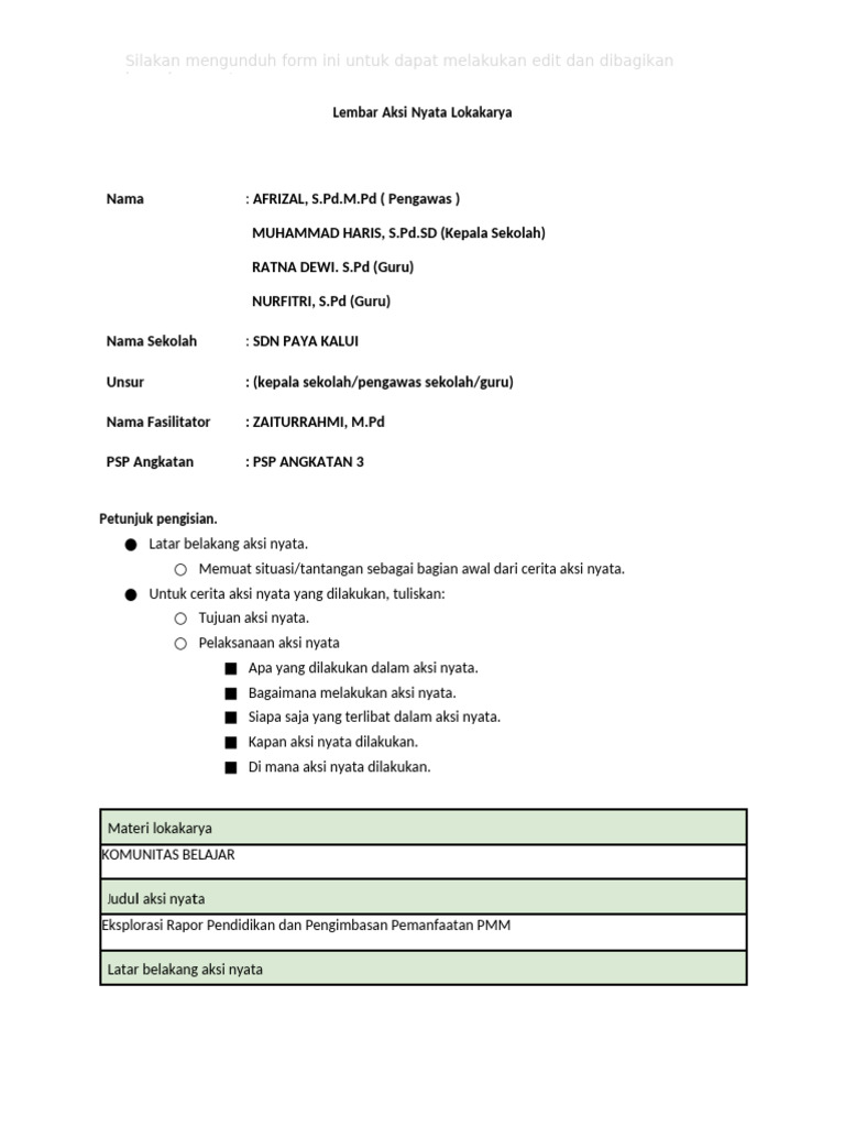 Lembar Aksi Nyata Lokakarya | PDF