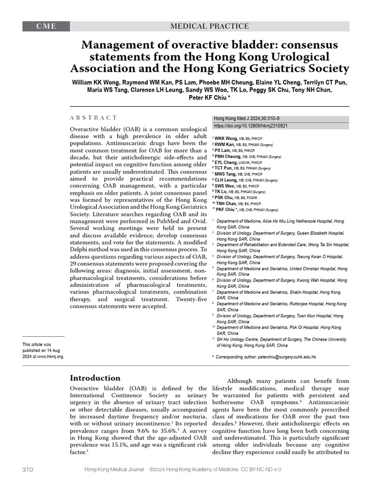 Management of Overactive Bladder - Consensus Statements From The Hong ...