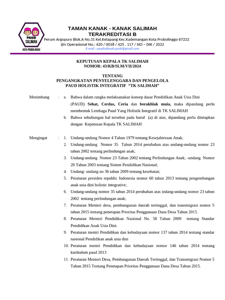 Contoh SK Paud Hi | PDF