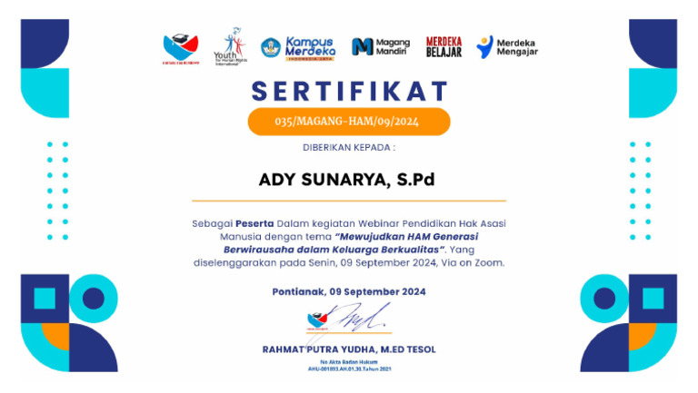 SERTIFIKAT WEBINAR PENDIDIKAN HAM ADY SUNARYA, S.PD | PDF