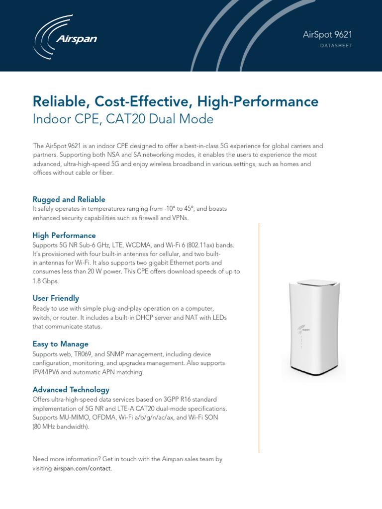 Airspan-AirSpot 9621 - CPE Datasheet | PDF | Wi Fi | Telecommunications