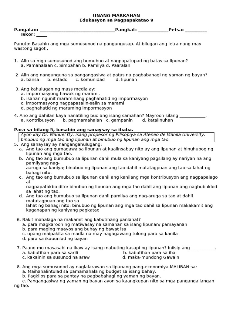 Unang Markahan Sa Esp 9 | PDF