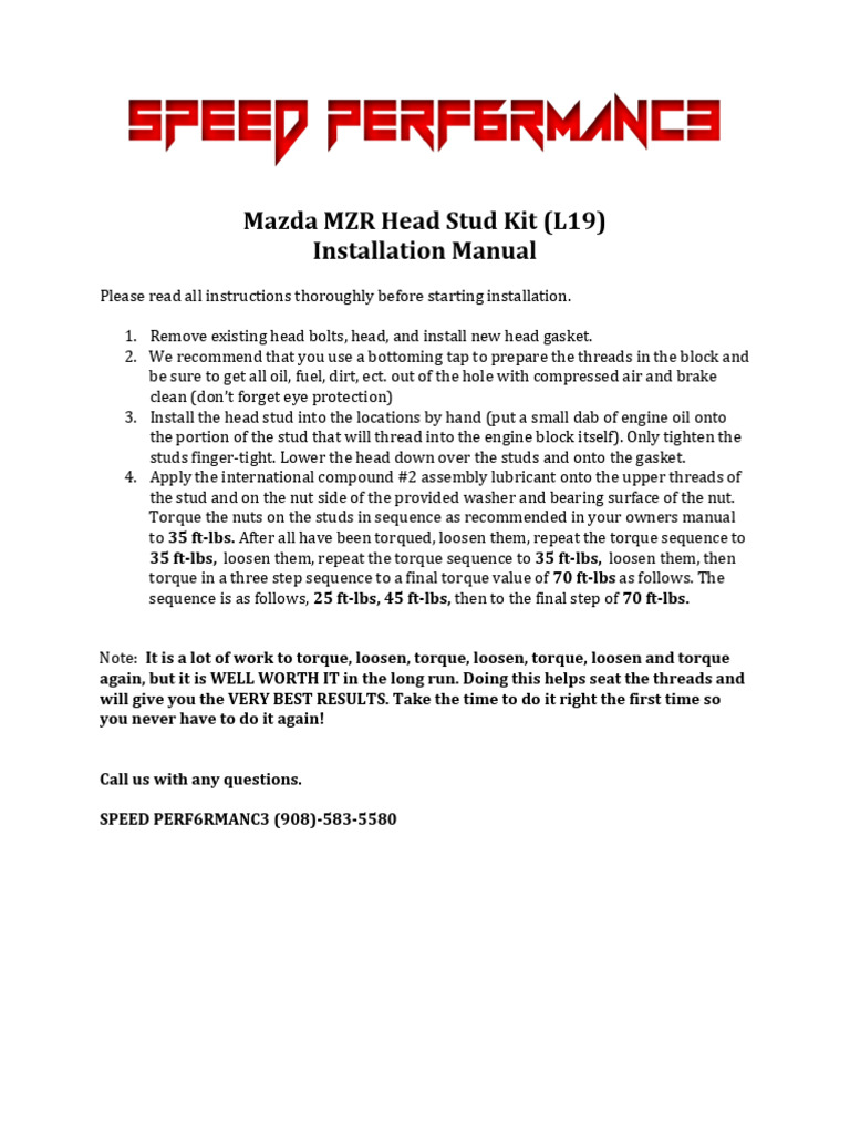 Speed Perf6rmanc3 L19 Head Stud Torque Instructions | PDF