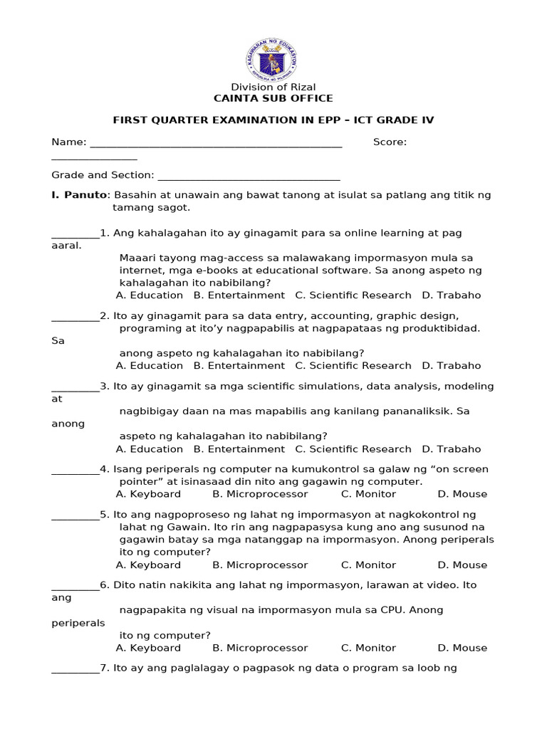 EPP ICT 4 - Quarter 1 SY 2024-2025 | PDF