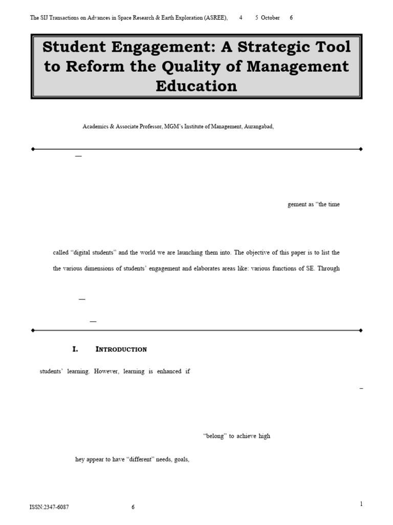 Student Engagement: A Strategic Tool To Reform The Quality of ...