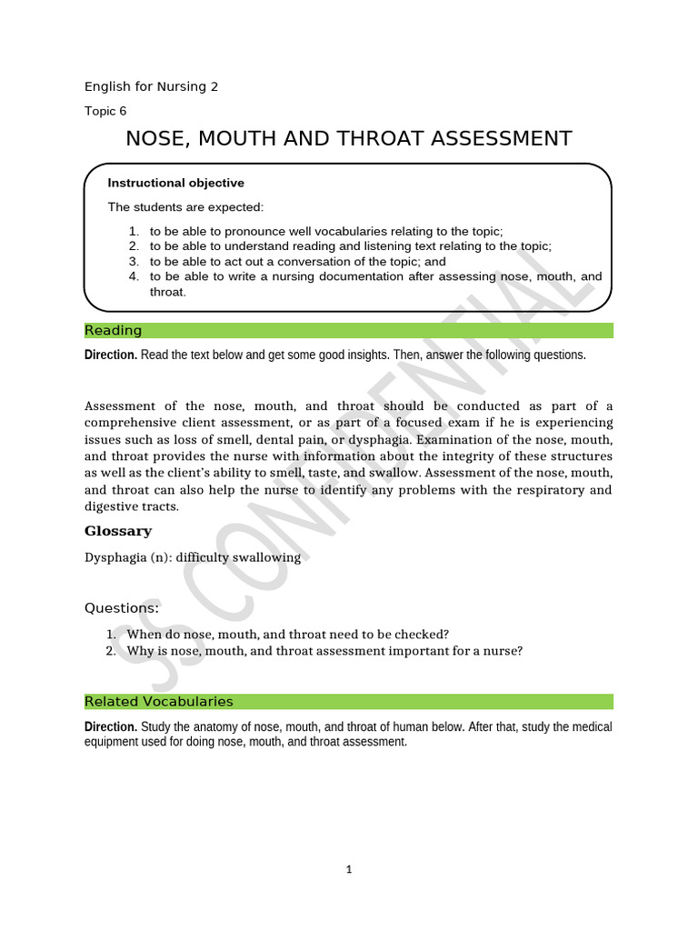 Learning Material Topic 6 Nose, Mouth, and Throat Assessment | PDF