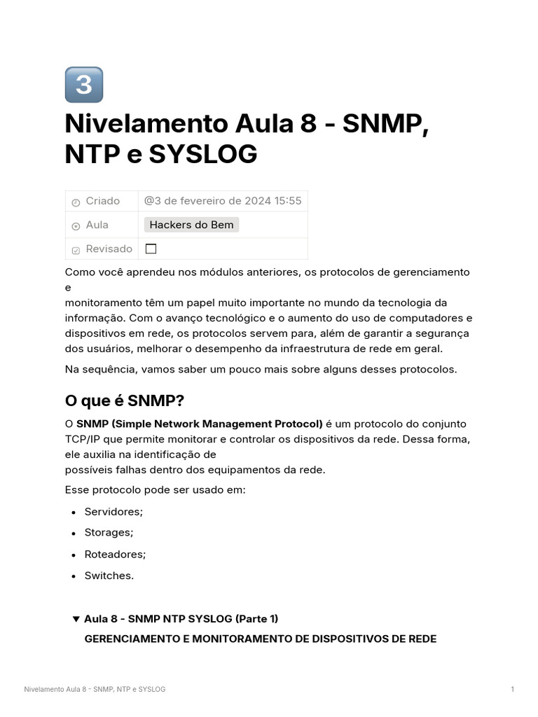 _Nivelamento_Aula_8_-_SNMP_NTP_e_SYSLOG | PDF