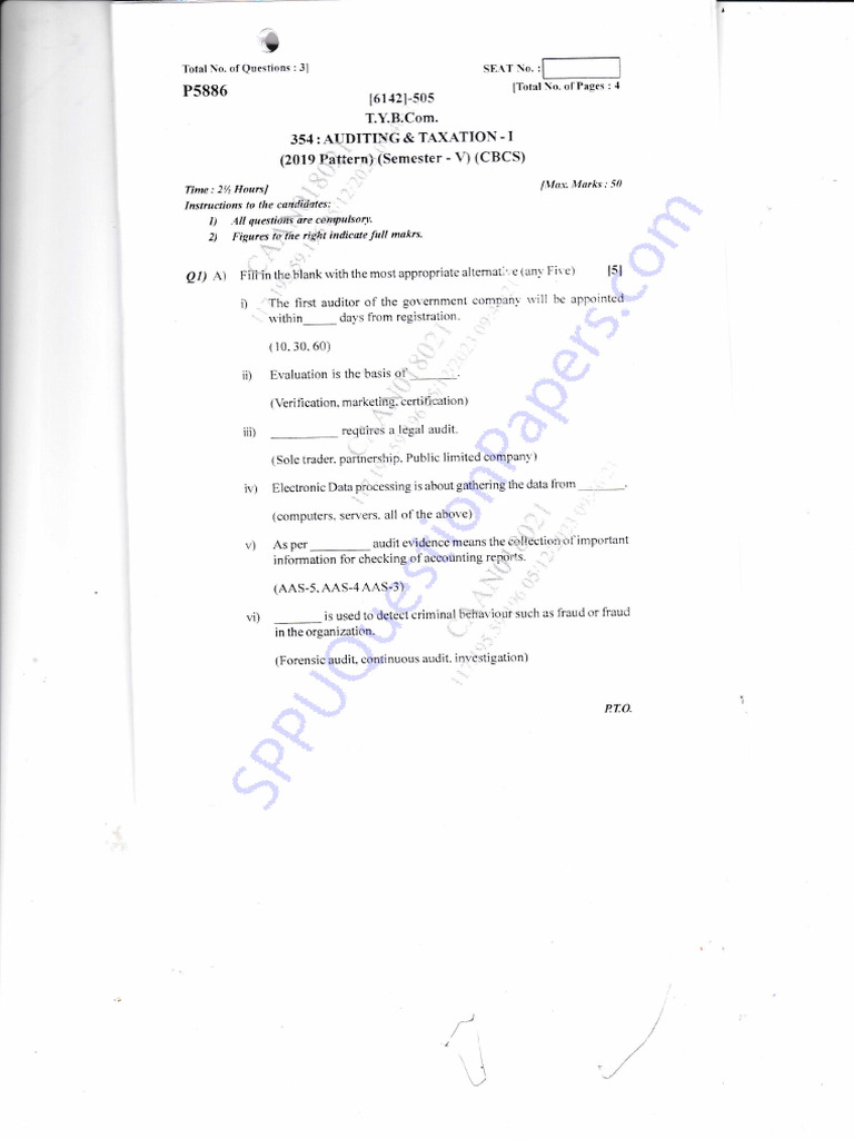 Commerce Bcom Semester 5 2023 November Auditing Taxation I 2019 Pattern | PDF