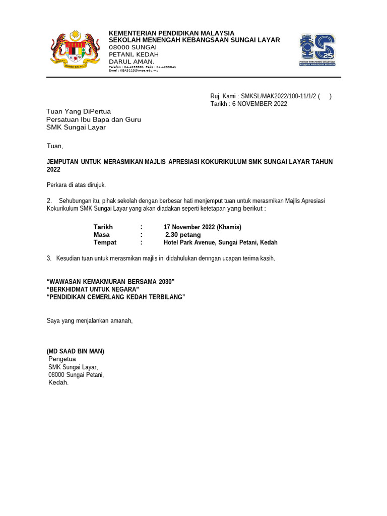 Surat Jemputan Perasmi Apresiasi 2022 | PDF