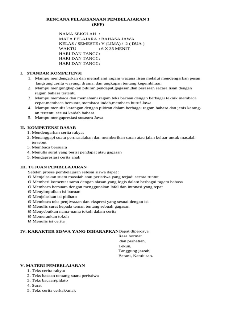 Bahasa Jawa RPP Kelas 5 | PDF