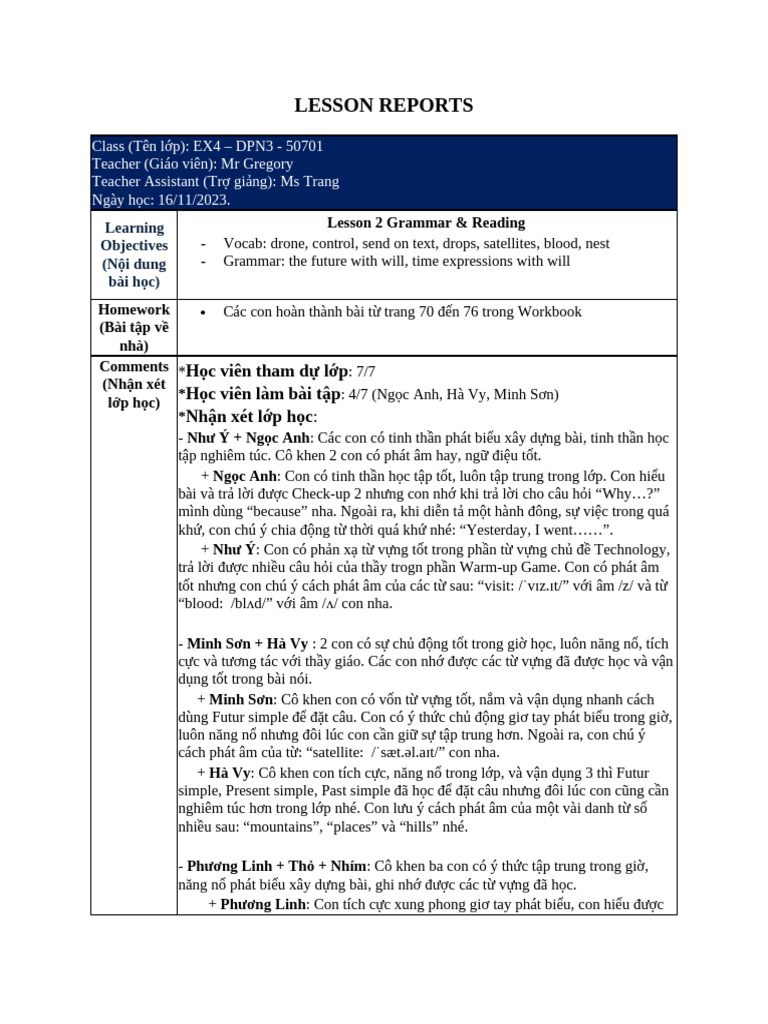 Lesson Report Ex4 16-11 | PDF