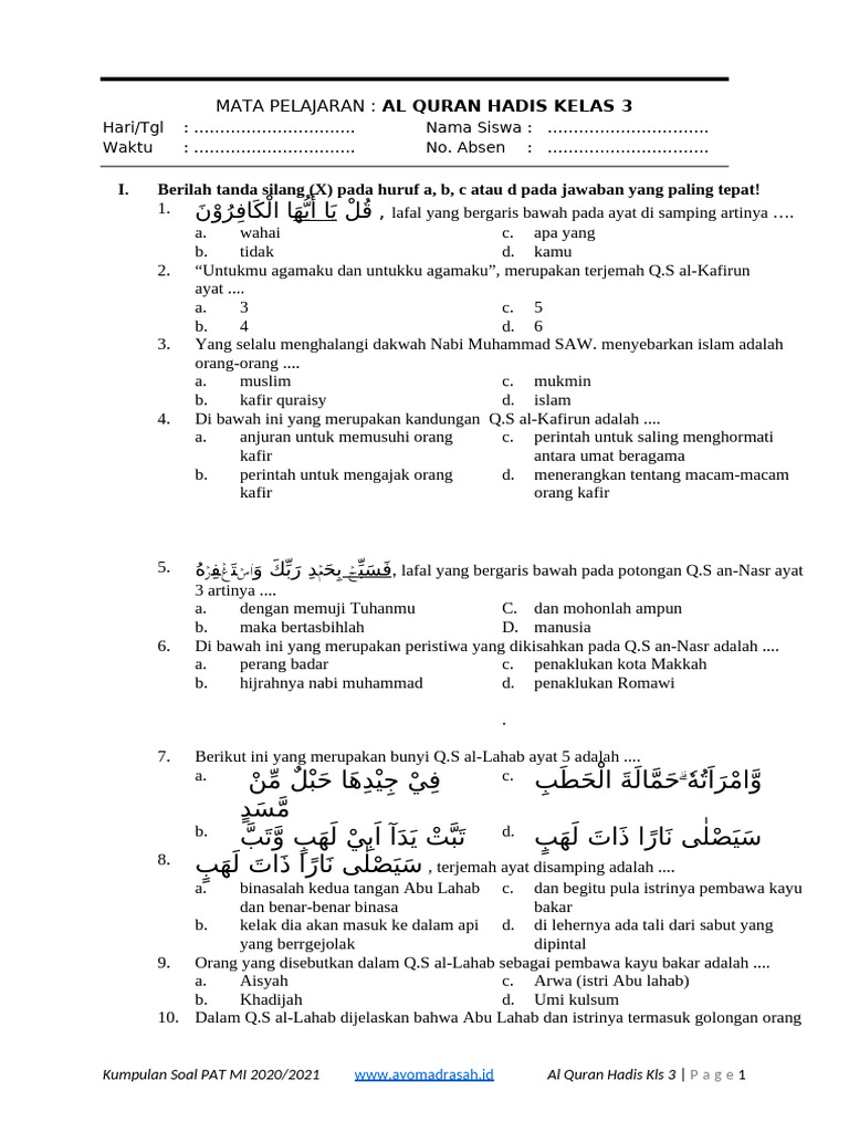 PAT Al Quran Hadis Kls 3 MI Soal Dan Kunci Jawaban | PDF