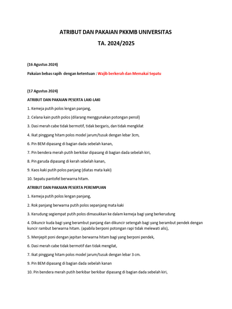 ATRIBUT DAN PAKAIAN PKKMB UNIVERSITAS 2024 | PDF
